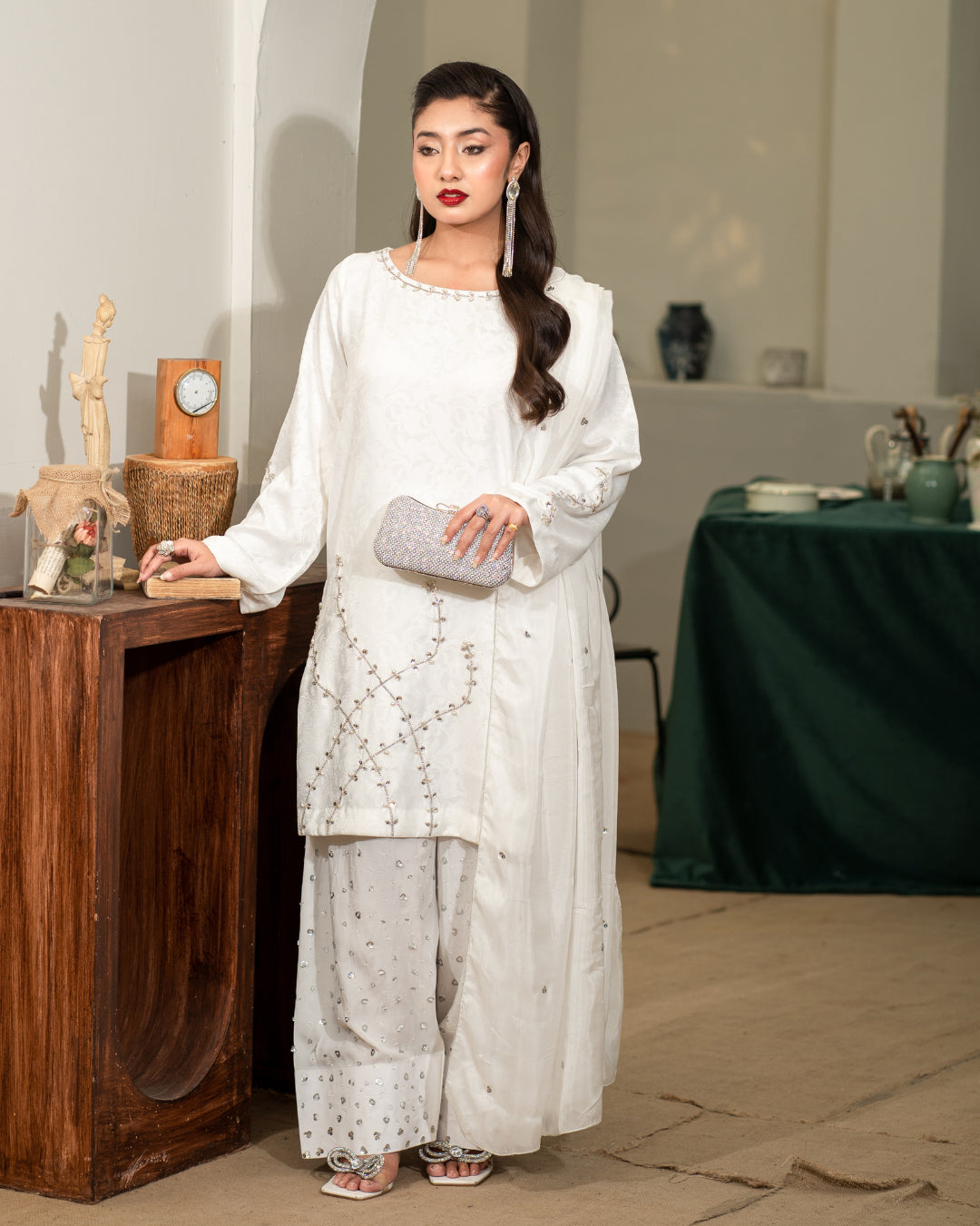 Swan - White Silk Farshi Shalwar with Hand Adda Work | Emeralds PK